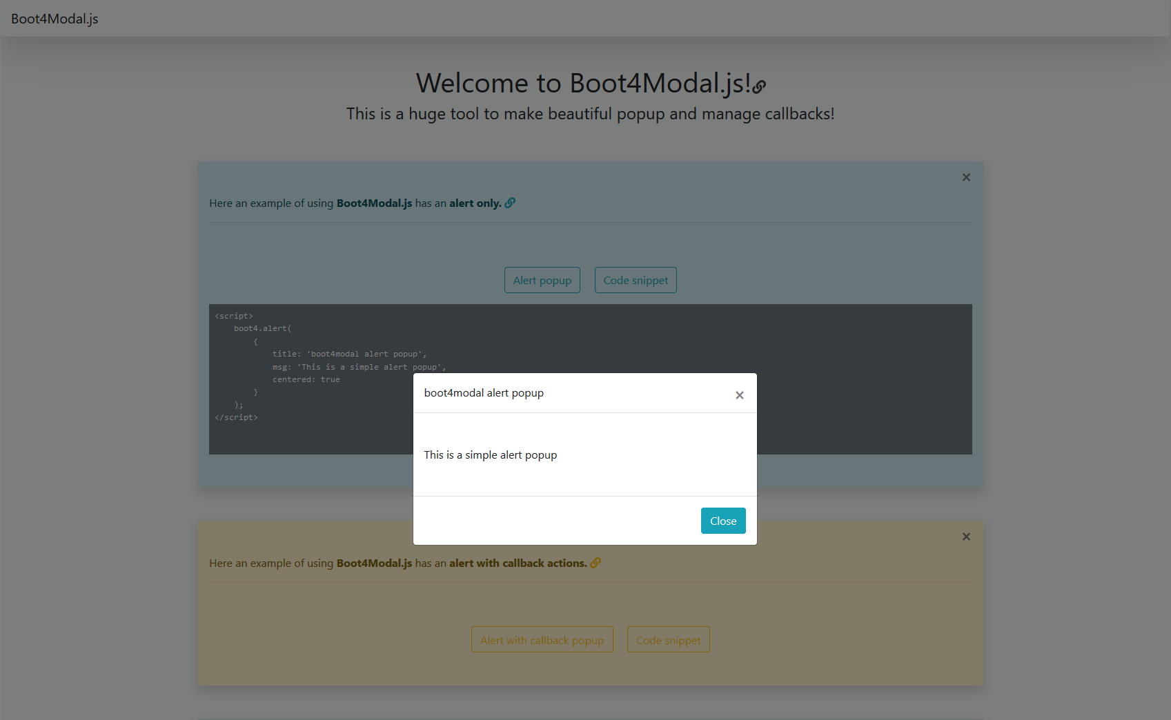 Boot4Modal.js - alert or confirm popups based on Bootstrap 4.3.1 modals